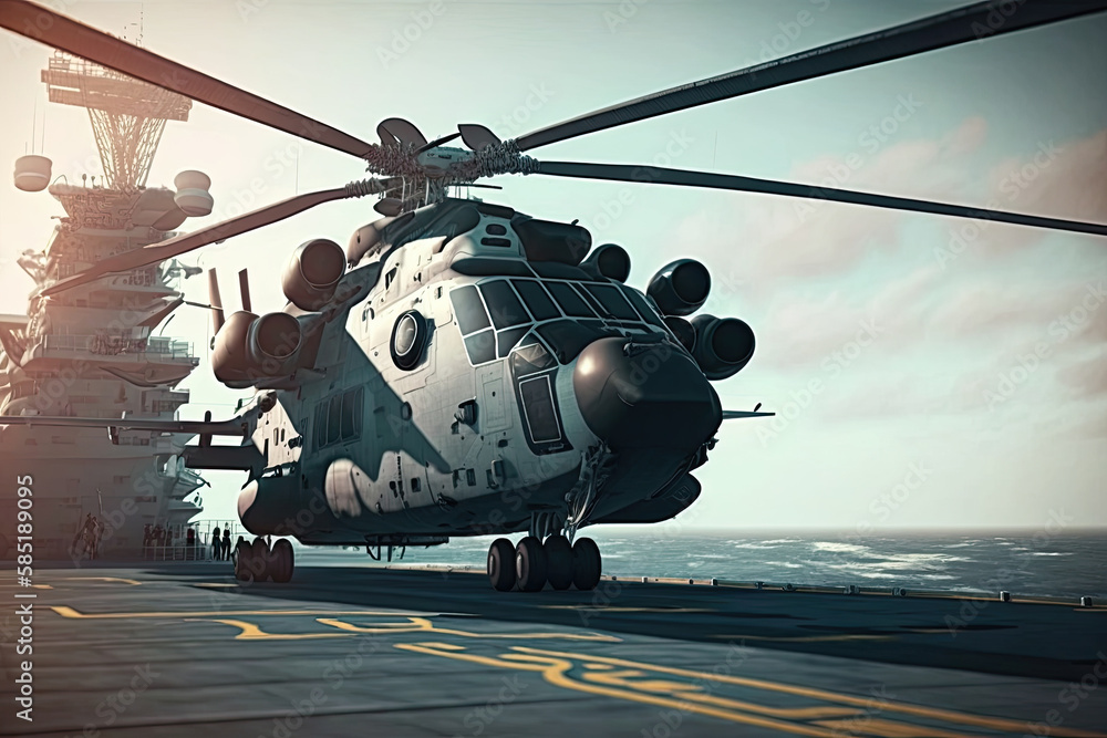 Military helicopter on warship board in the sea. Navy helicopter on ...