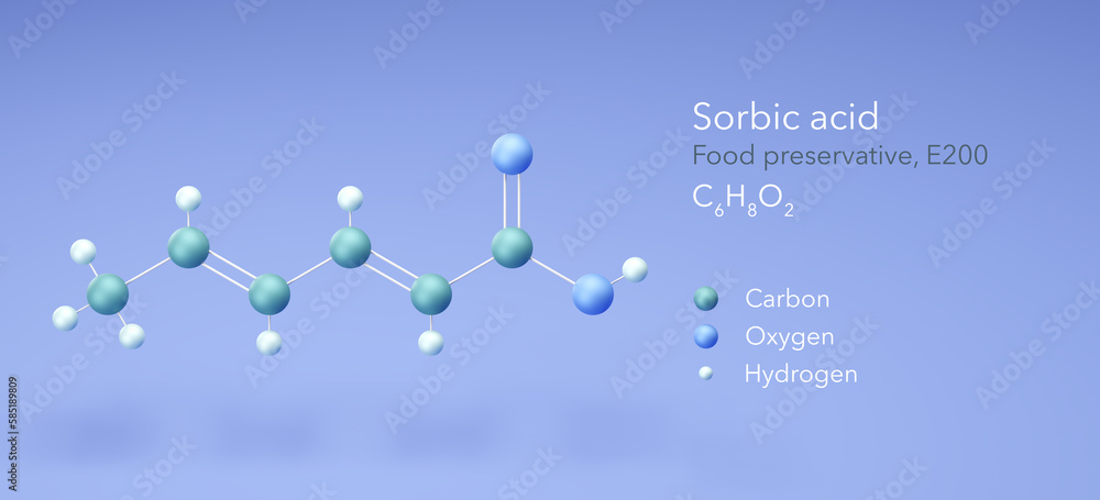 sorbic acid molecule, molecular structures, food preservative e200, 3d ...