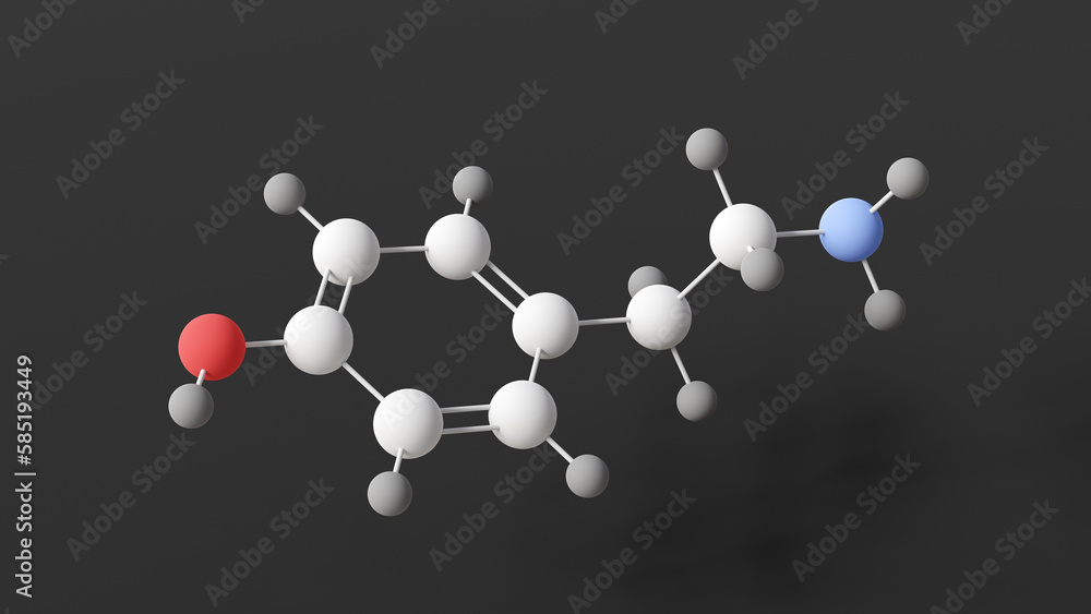tyramine molecule, molecular structure, trace amine, ball and stick 3d ...