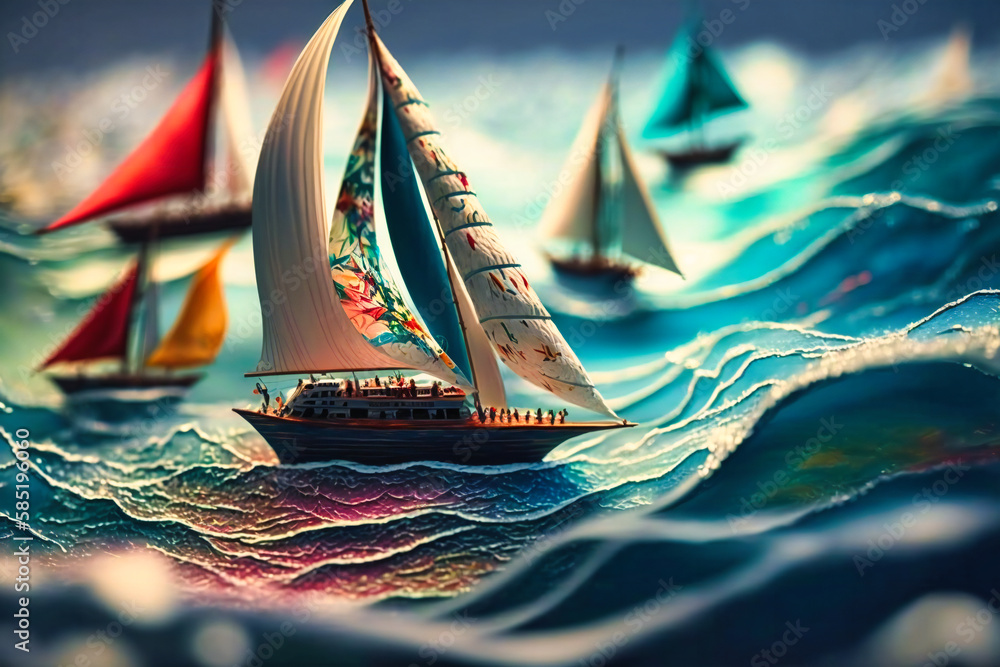 Sailboats skim across sparkling waters, their vibrant sails dancing in ...