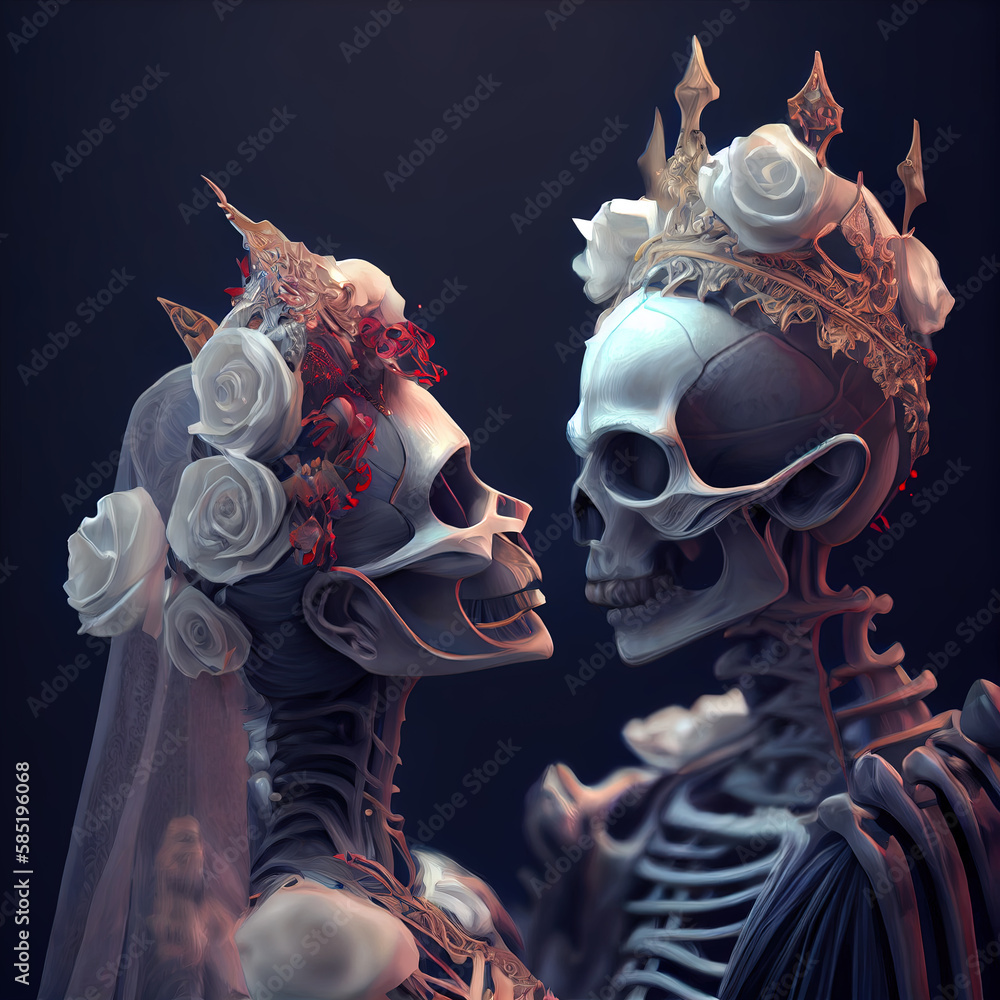 skeleton of king and queen closer to each other eternal love theme ...