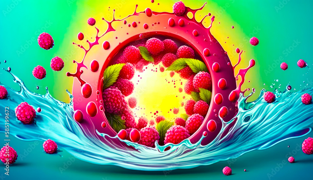 Painting of raspberries with water splashing around it. Generative AI ...