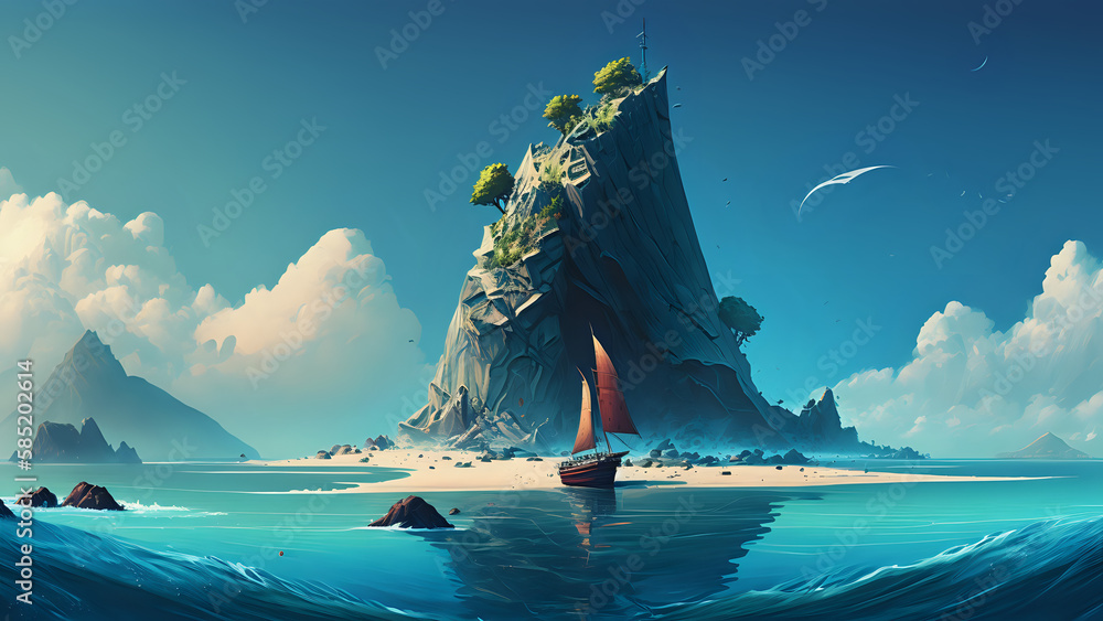 Boat on the Ocean in front of a Hill, Ship, Backdrop, Background ...