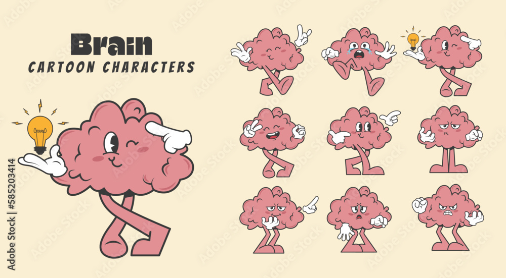 Brain cartoon characters in trendy retro style, vector illustration ...