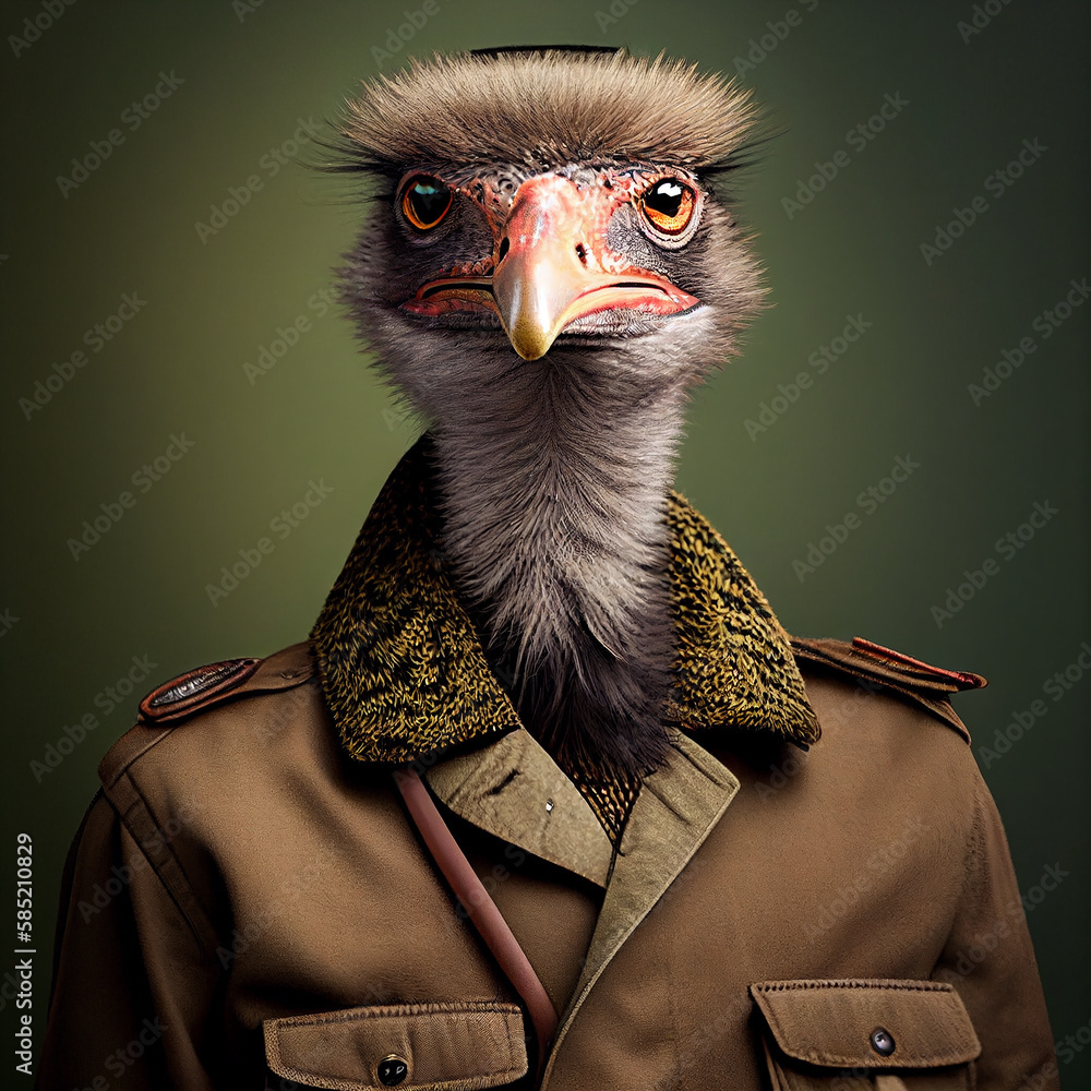 Realistic lifelike boar ostrich bird in dapper military army formal ...