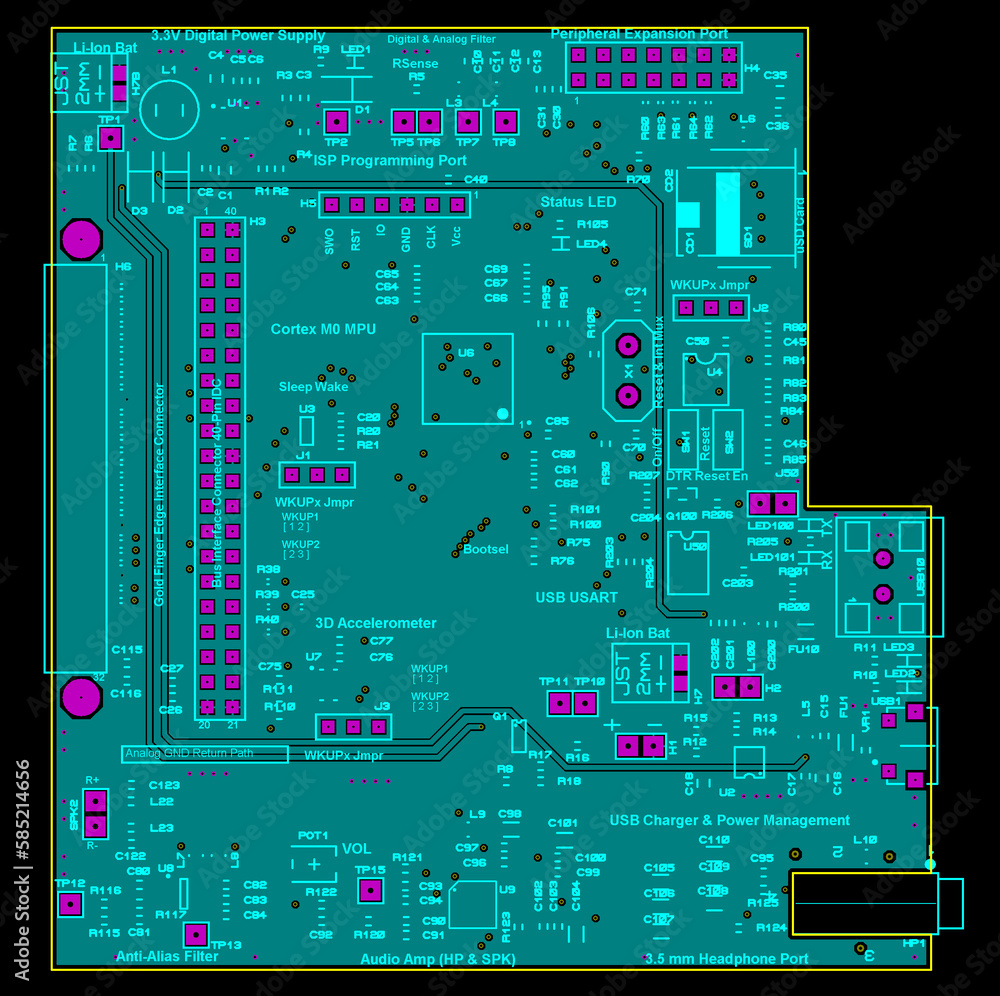 A printed circuit board of an electronic device with components of ...