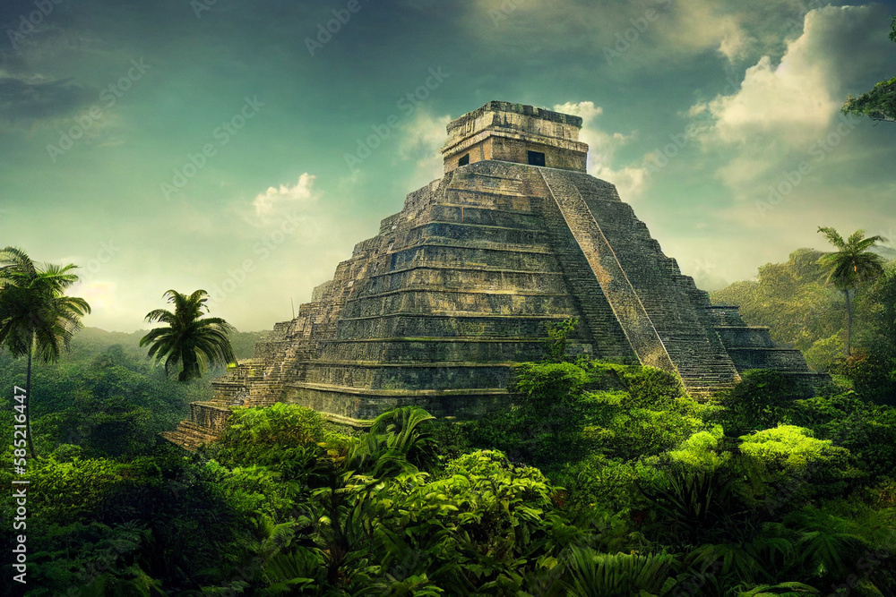 Ilustrace „Mayan pyramid in jungle forest illustration, ancient civilization stone temple view ...