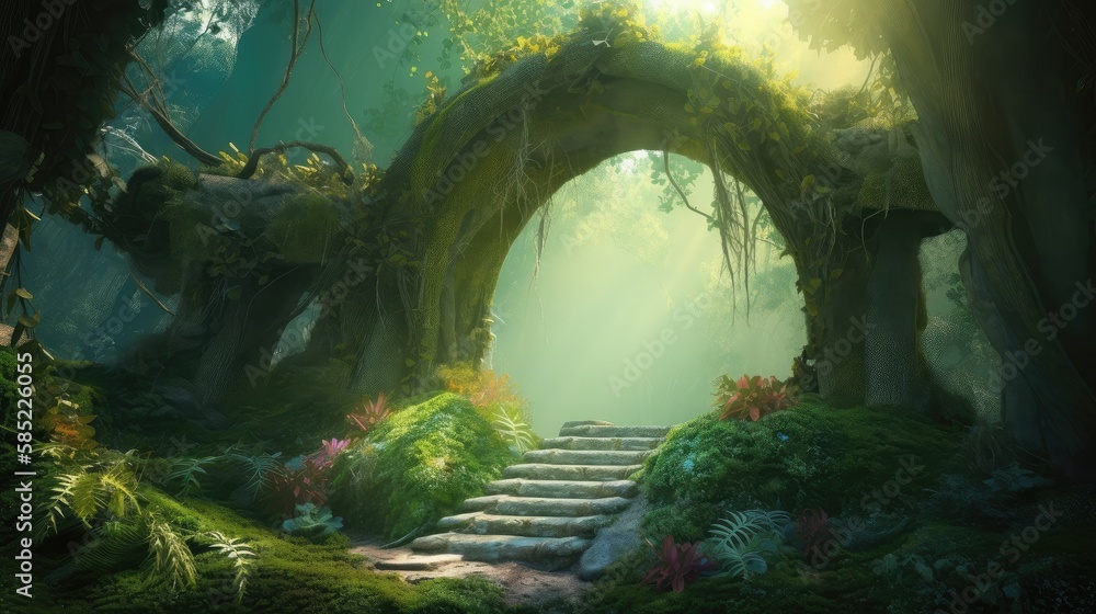 arch in an enchanted fairy forest landscape. Created with Generative AI ...