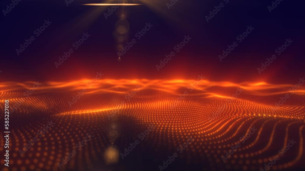 Abstract orange energy surface with magic waves of particles and points ...