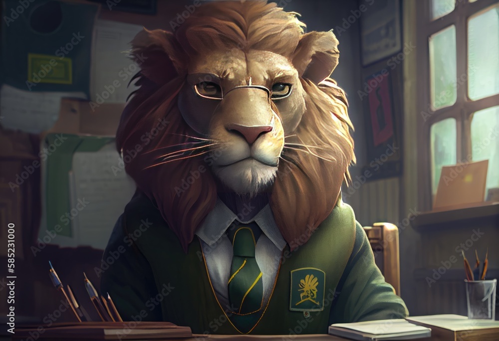 Portrait of an anthropomorphic lion dressed as a schoolboy in a ...