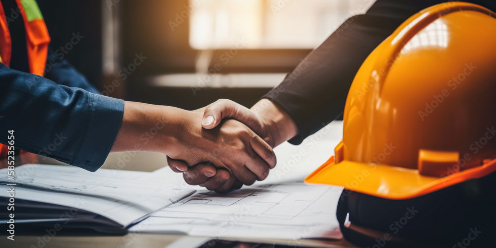 Architect and engineer construction workers shaking hands while working ...
