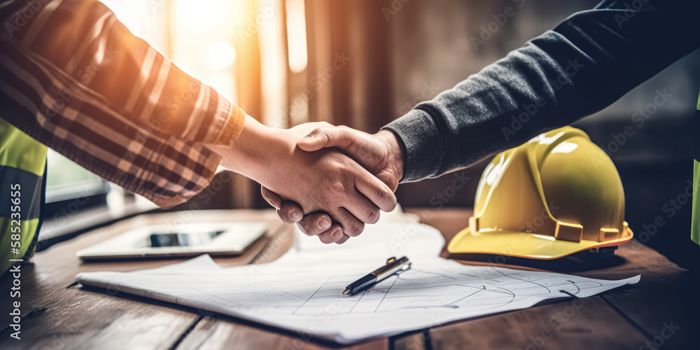 Architect and engineer construction workers shaking hands while working ...