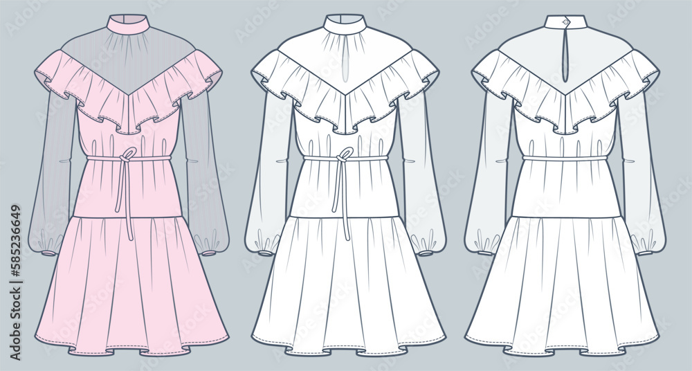 Mini Dress with sheer details technical fashion illustration. Ruffled ...