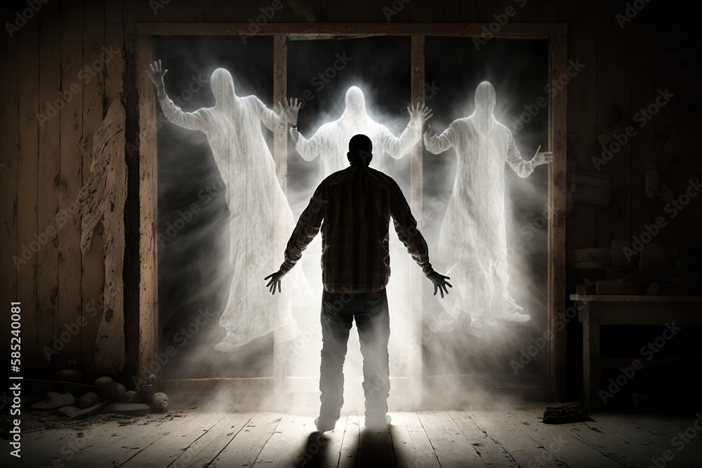 Superstitious frightened man see ghosts, concept of Superstition and ...