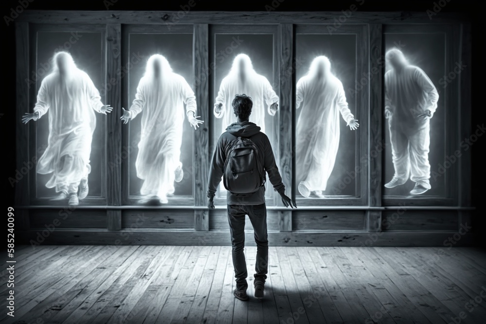 Superstitious frightened man see ghosts, concept of Superstition and ...