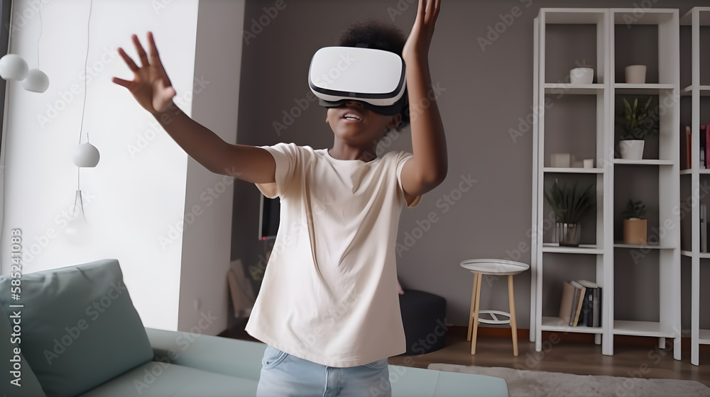 African boy child in a living room wearing a vr glasses, Kid playing ...