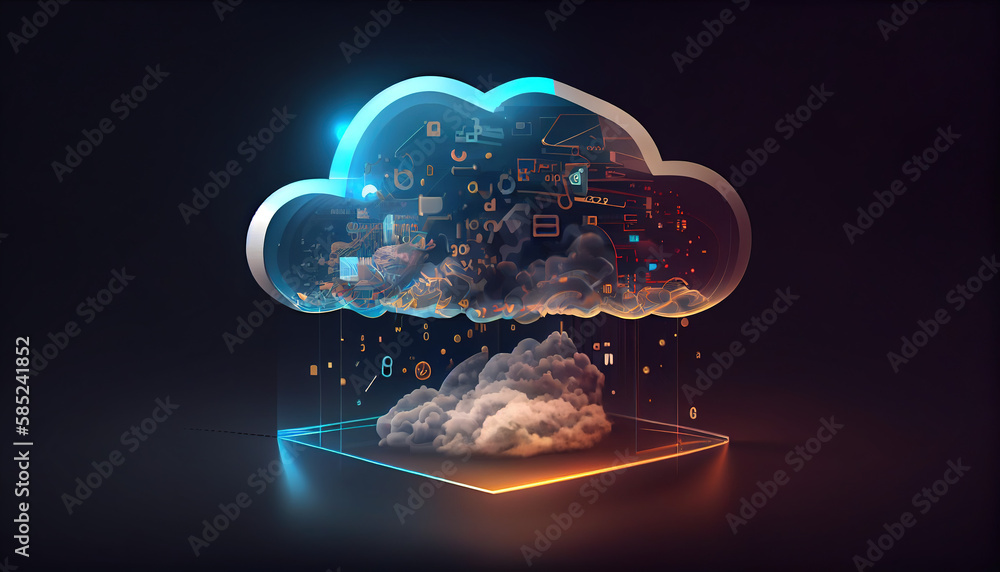 Digital informational technology web futuristic hologram with cloud icon, blue golden light ...