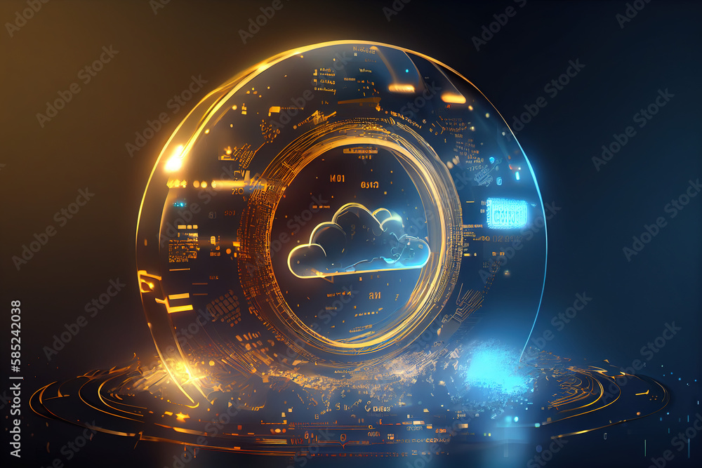 Digital informational technology web futuristic hologram with cloud icon, blue golden light ...