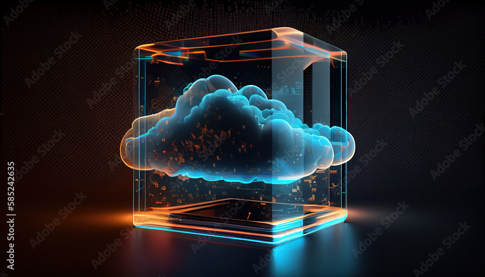 Digital informational technology web futuristic hologram with cloud icon, blue golden light ...