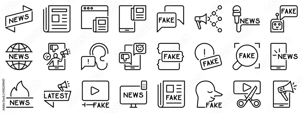 Line icons about facts and fake news on transparent background with ...