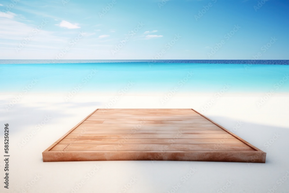 Empty Wooden Platform on Serene Beach with Majestic Mountains and ...