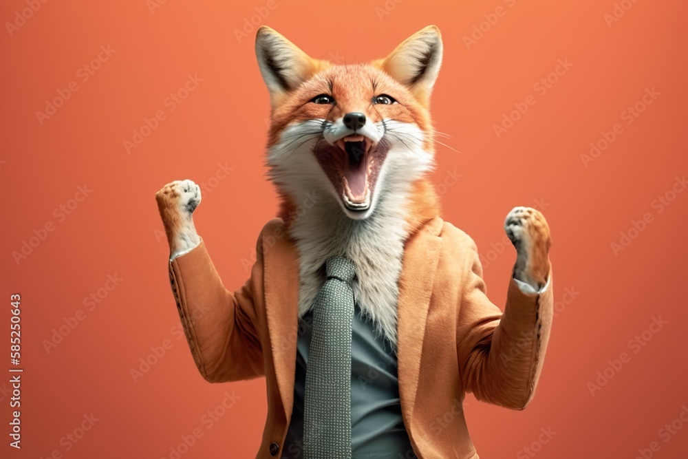 Studio portrait of young happy amazed excited fox in a suit, created ...