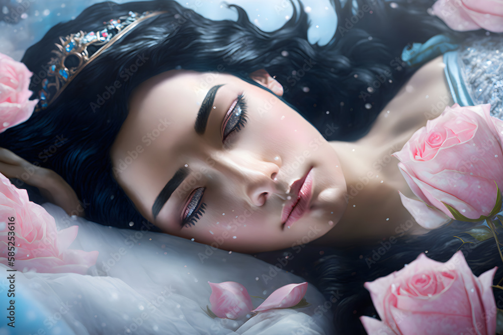 Fantasy woman sleeping beauty lies sleep with flowers. Neural network ...