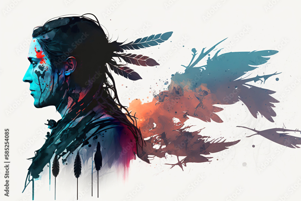 Profile of native american man, fierce warrior, double exposure with ...