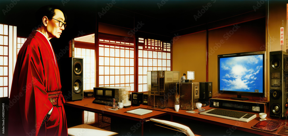 Japanese Senior Grandpa Man in Front of a PC Computer From 90S in a ...