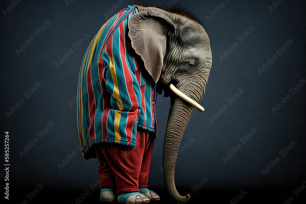 sad elephant wearing clothes suffering in circus captivity, created ...