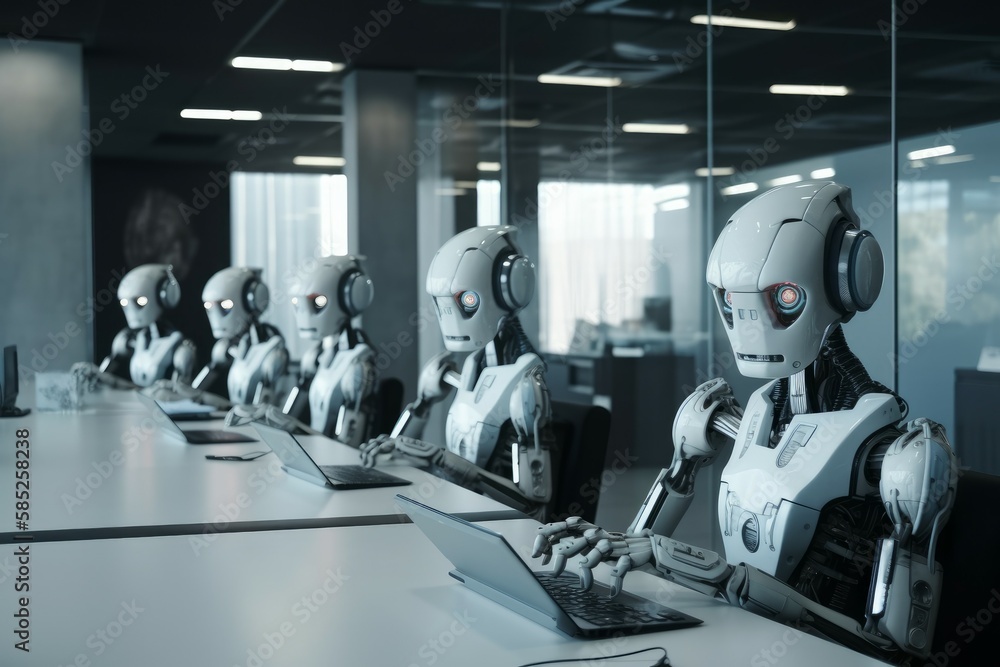 Robotic office with laptops and robots, business process automation. AI generated, human ...