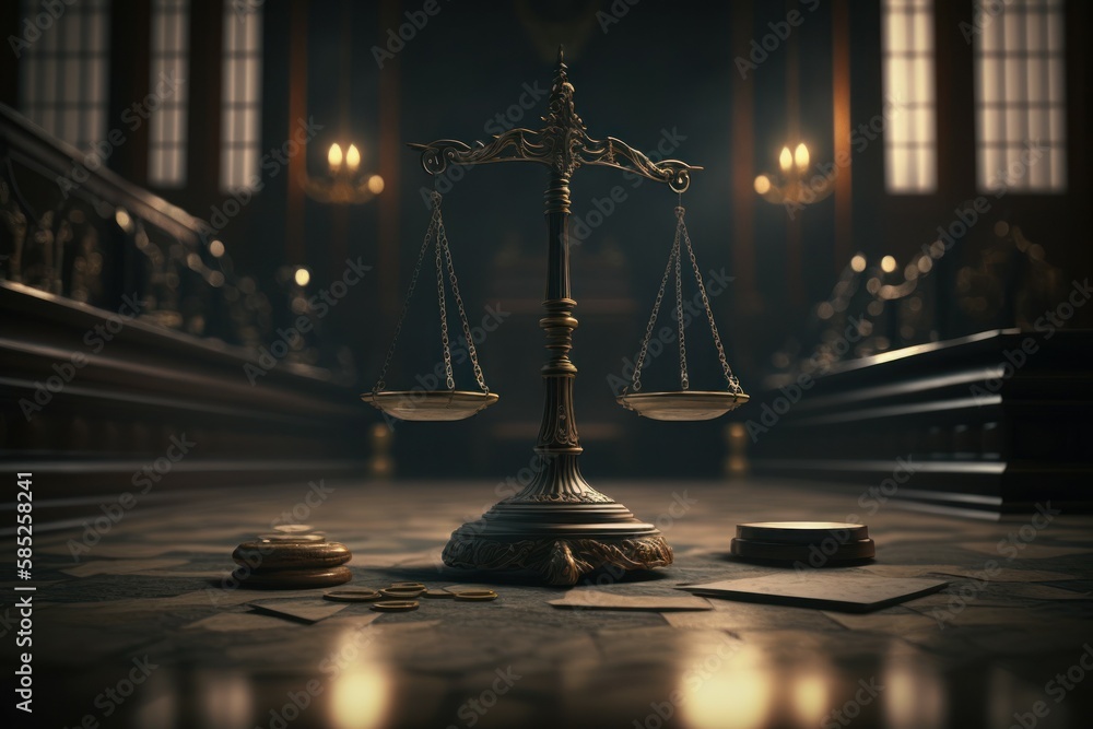 Scales of justice in the dark court hall. Law concept of judiciary and ...