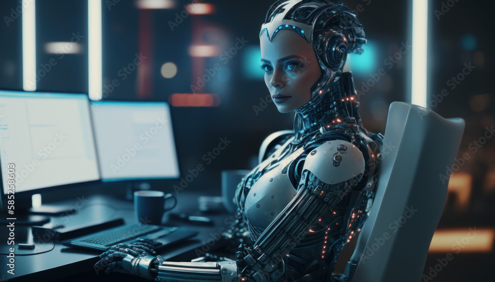 AI chatbot robot assistant sitting at desk using computer as artificial ...