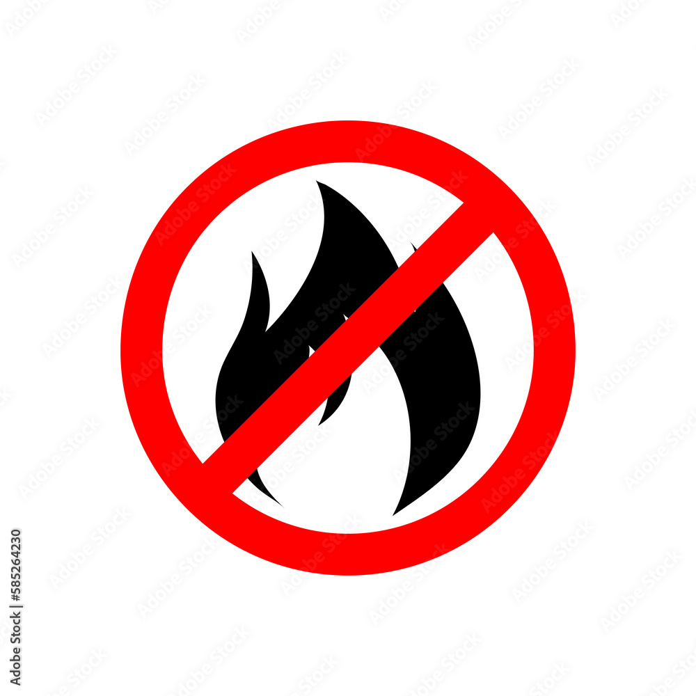 Vector flat black fire icon crossed in red circle. No fire sign ...