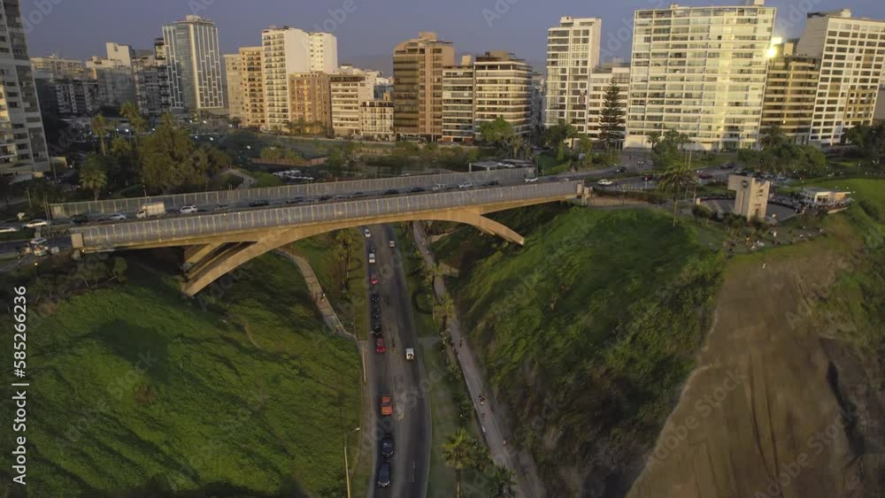 Sunset view from La Bajada de Balta in Miraflores, in the city of Lima ...