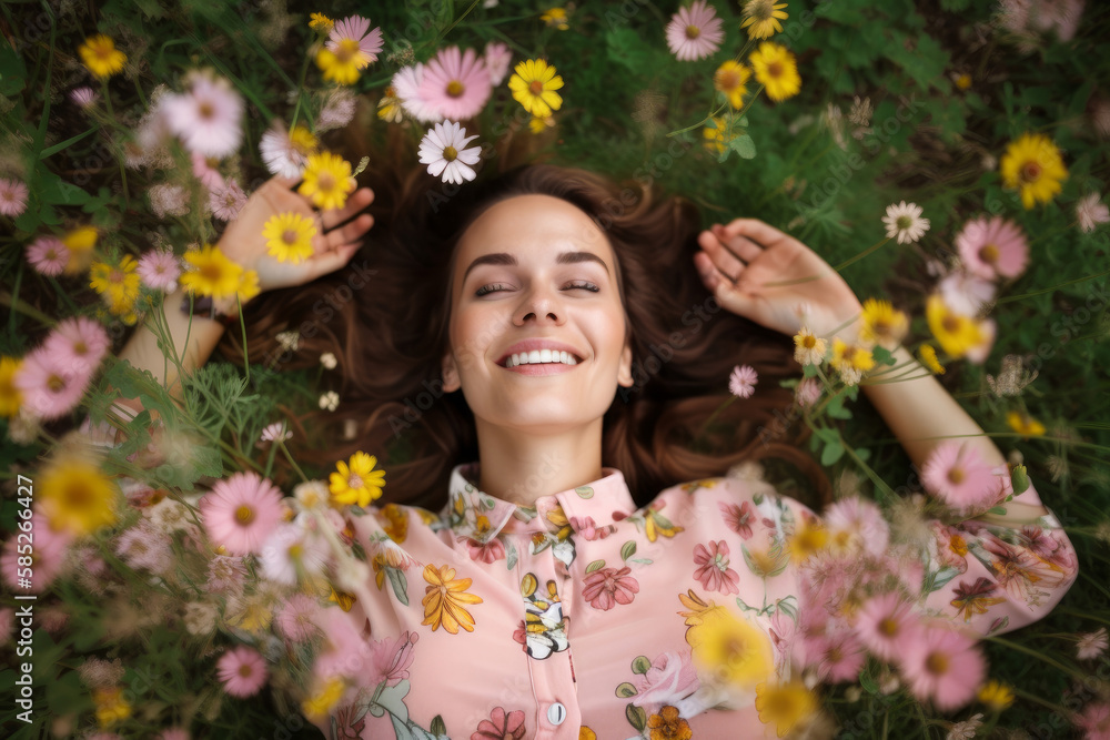 young pretty woman laying down in a field full of spring flowers ...