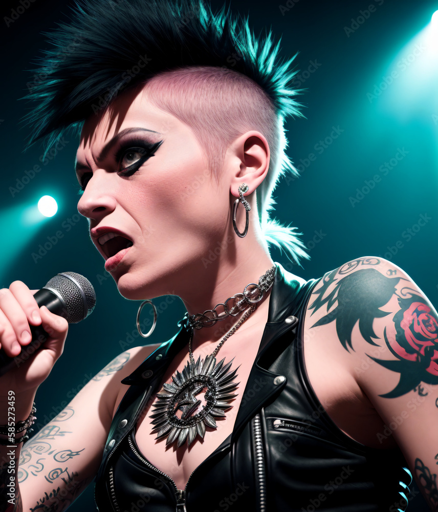 Young punk rock singer with tattoos on her arms and body singing into a ...