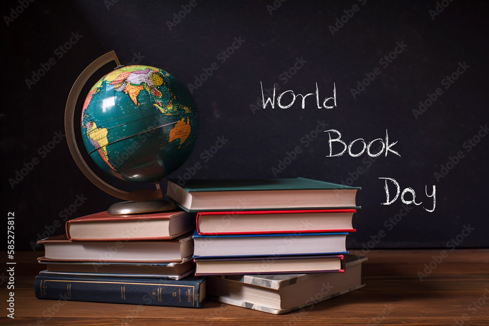 World book day celebration image of books on atable with a world globe ...
