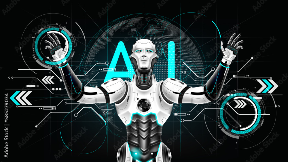 AI Artificial intelligence in humanoid with 3d world hologram interface ...