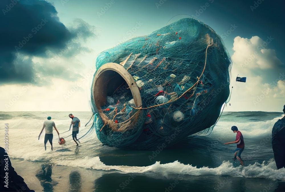 Marine litter on the beach with people volunteers background. Pollution ...