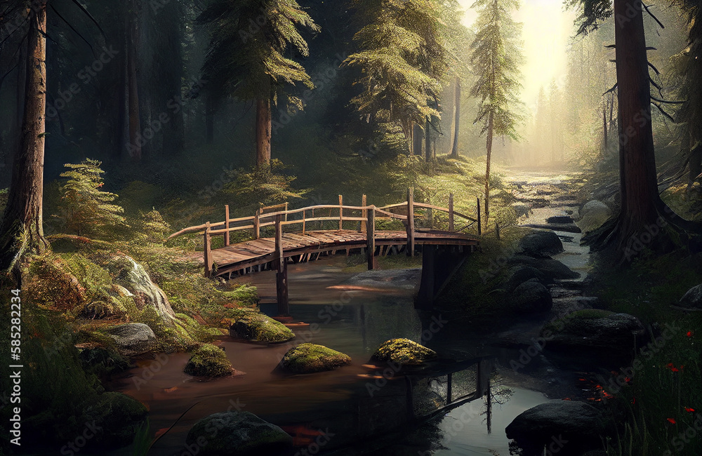 Old wooden bridge in the middle of the forest with natural environment ...