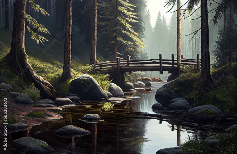 Old wooden bridge in the middle of the forest with natural environment ...