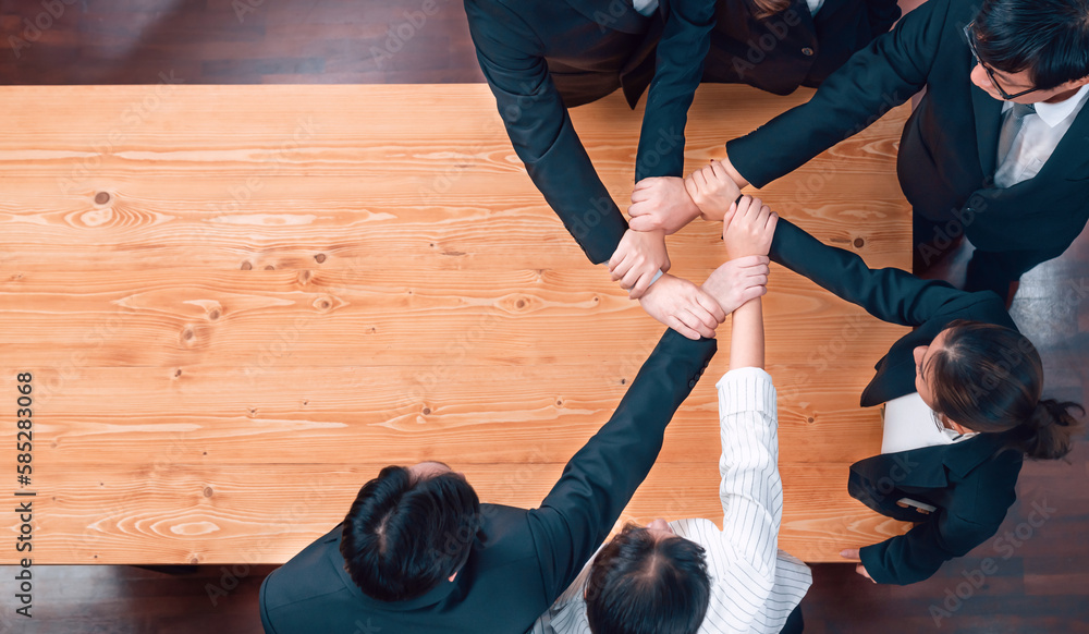 Top view cohesive group of business people join hands stack together ...