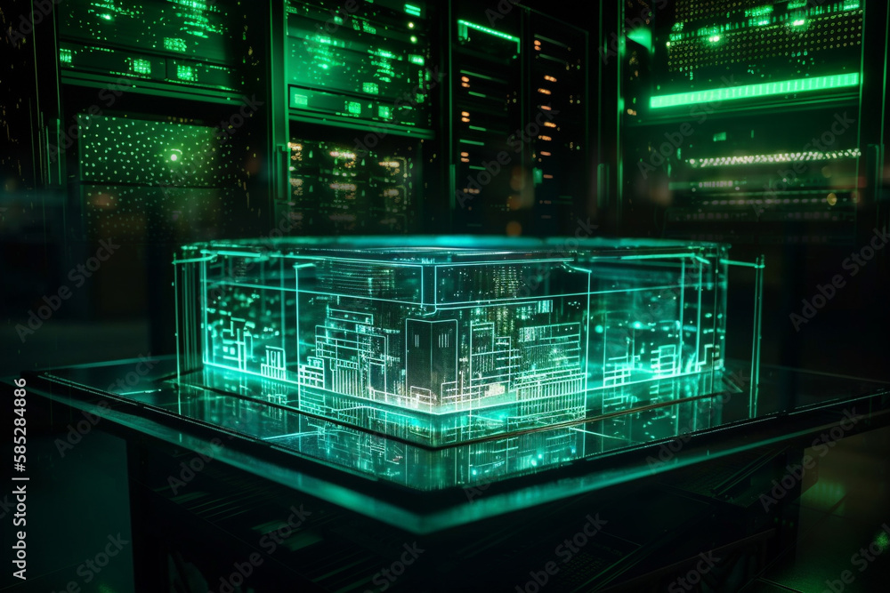 Server Racks Surround Futuristic City Hologram in Data Center ...