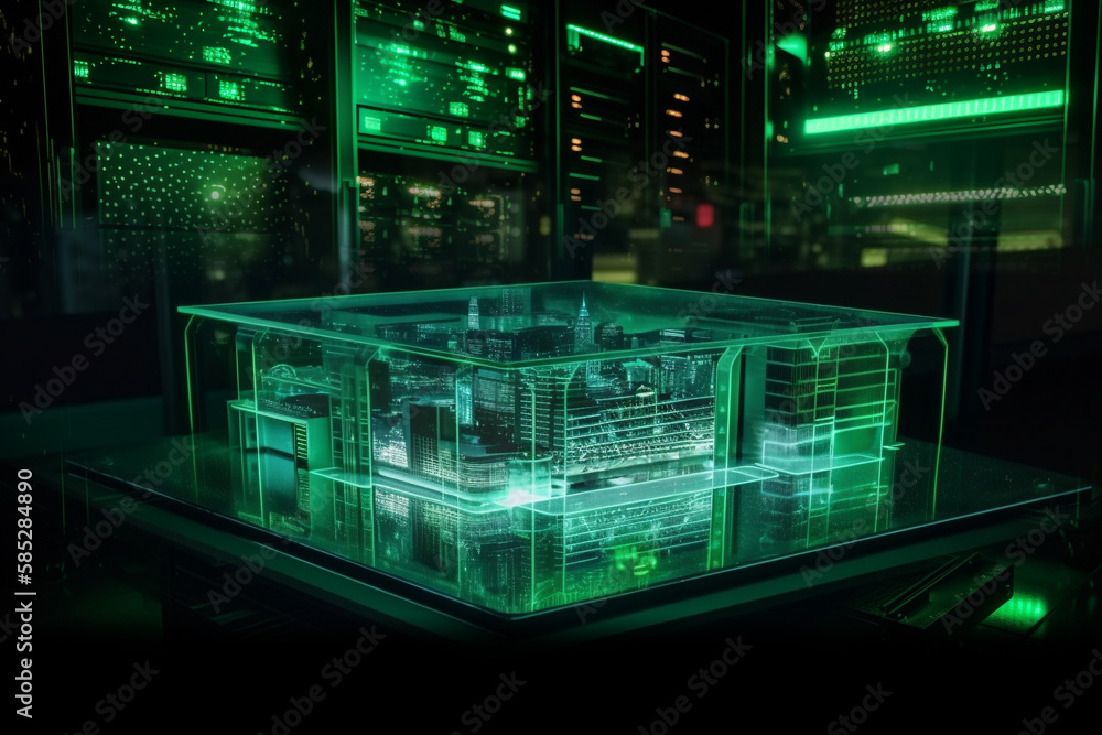Server Racks Surround Futuristic City Hologram in Data Center ...