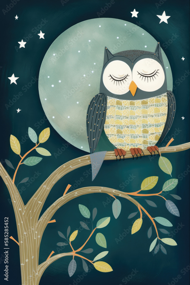Cute owl sleeping under the Moon and Stars. Children’s & Nursery style ...