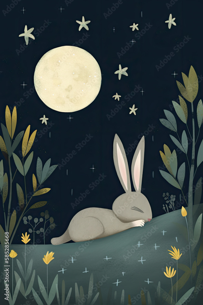 Cute rabbit sleeping under the Moon and Stars. Children’s & Nursery ...