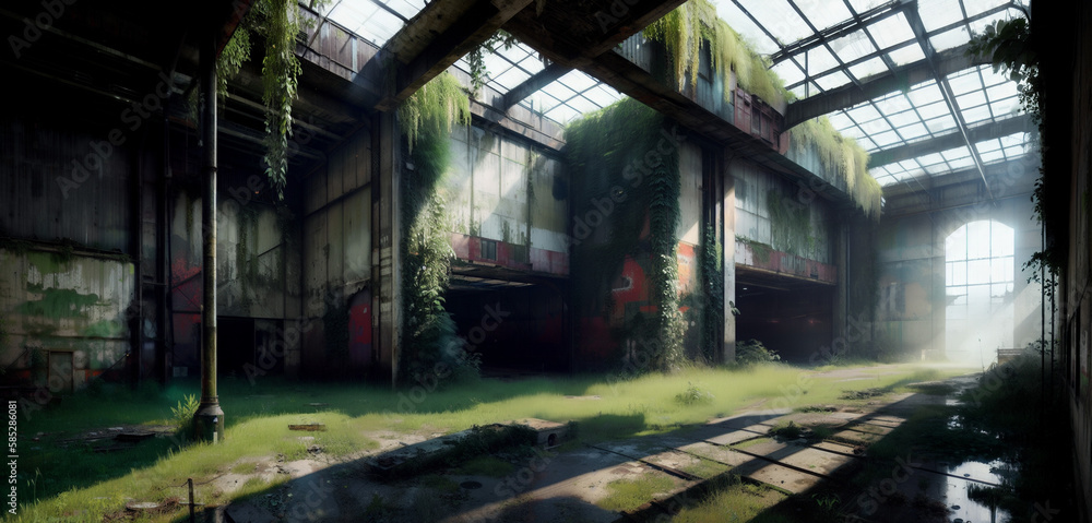 An abandoned warehouse, consumed by nature, embellished with exquisite ...