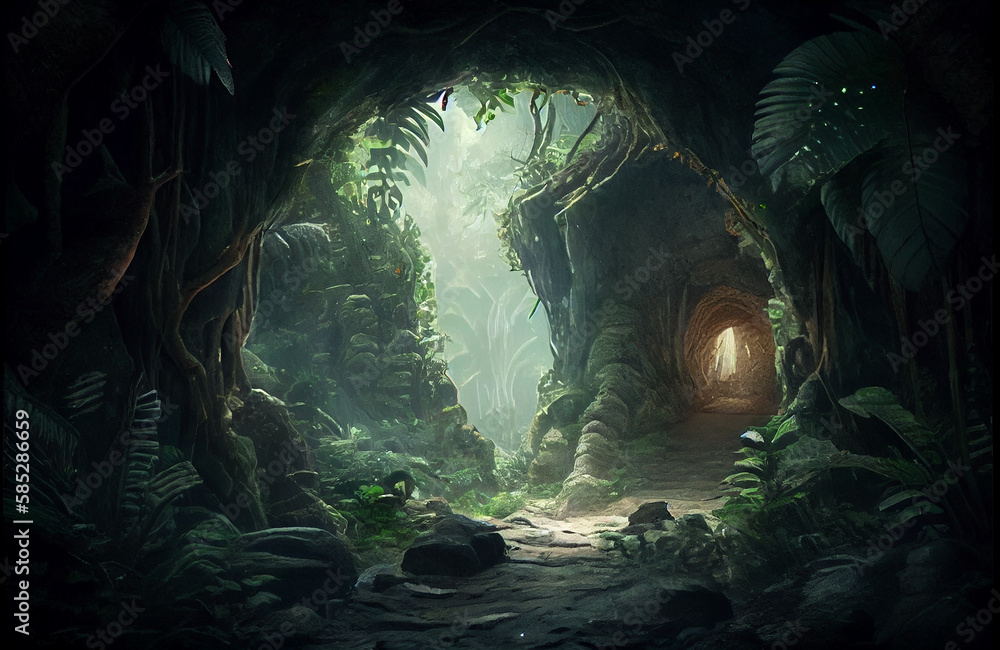 Magical cave with natural plants, ray of light in the middle of the ...