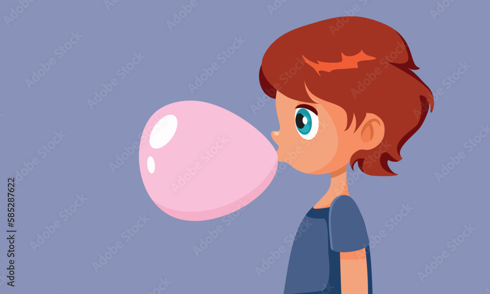 Happy Boy Chewing Pink Bubble Gum Vector Cartoon Illustration. Cheerful ...